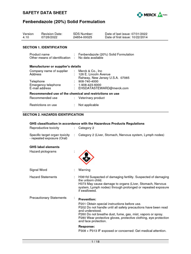 Product - Safety-Data-Sheets - Ah-Sds - Fenbendazole (20 - PCT) Solid Formulation - AH - CA - EN ...