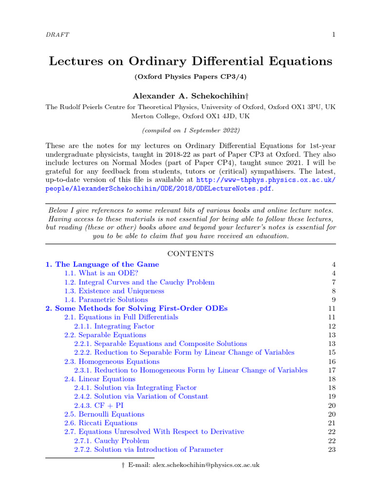Ode Lecture Notes | PDF | Ordinary Differential Equation | Differential ...
