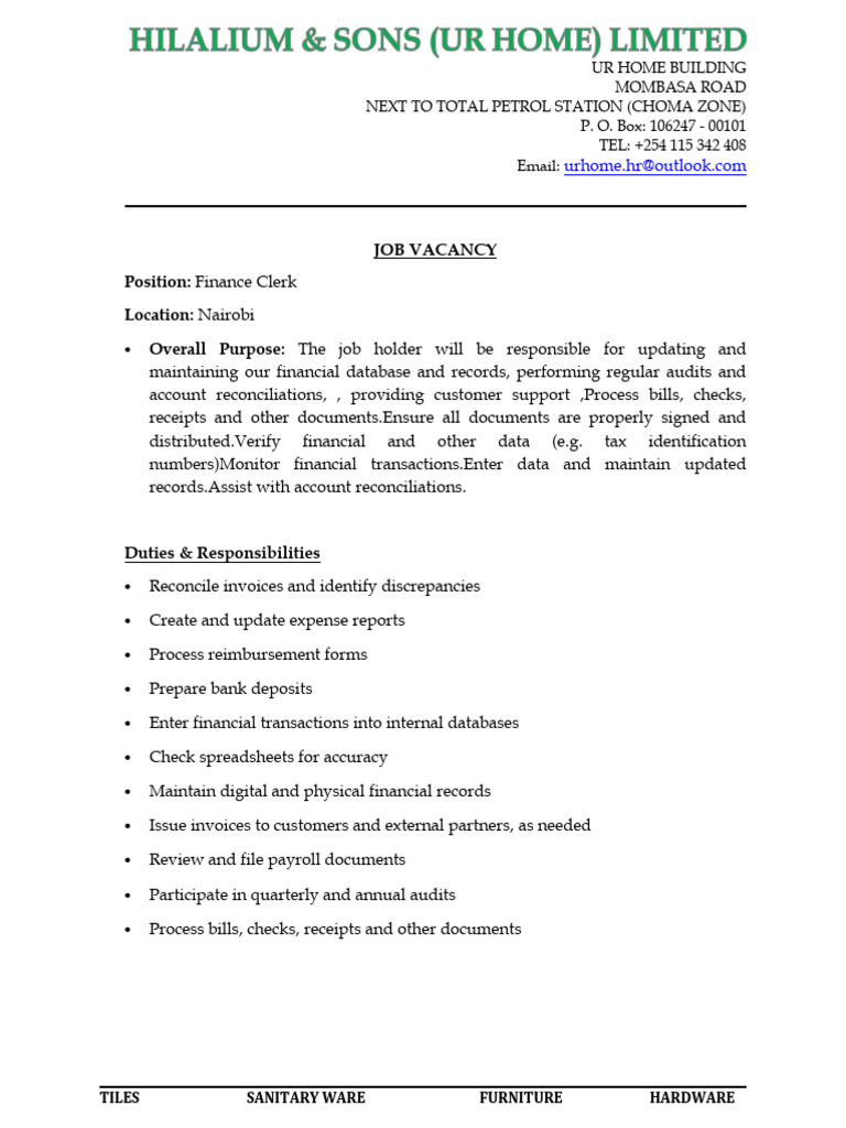 (Finance Clerk) Job Advert | PDF | Databases | Accounting