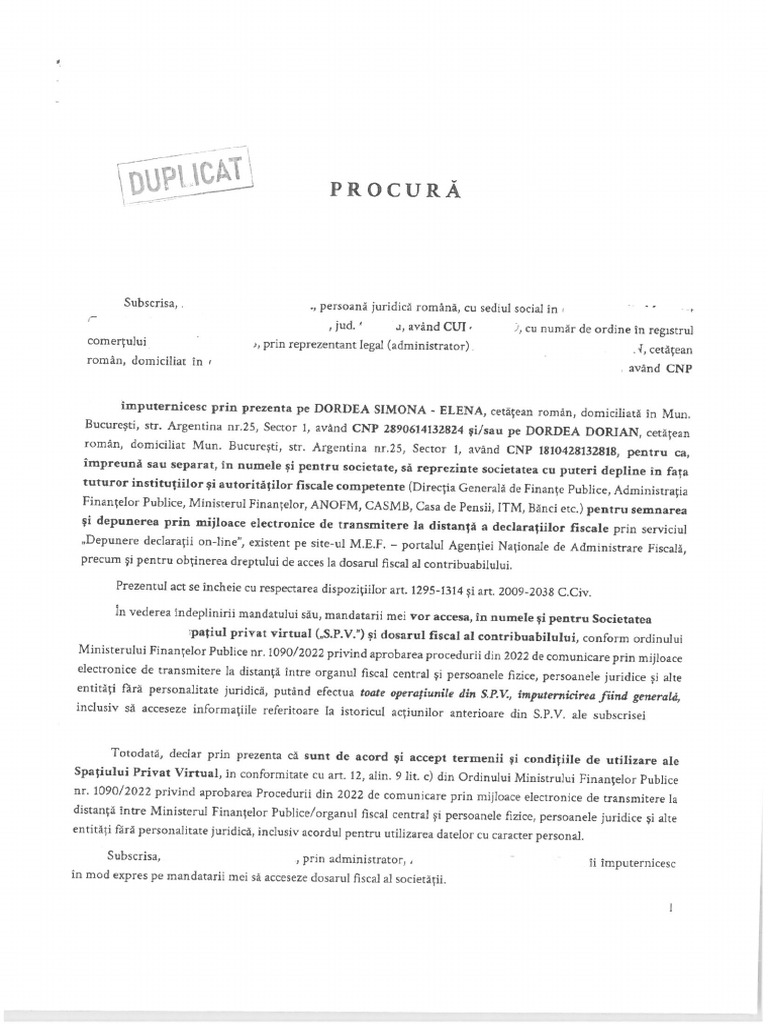 Model Procura ANAF Si SPV | PDF