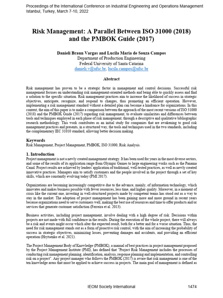 Risk Management: A Parallel Between ISO 31000 (2018) and The PMBOK ...