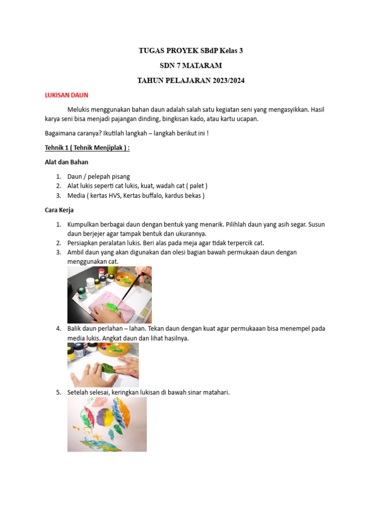 TUGAS PROYEK SBDP Kelas 3 SDN 7 MATARAM | PDF | Griya & Taman