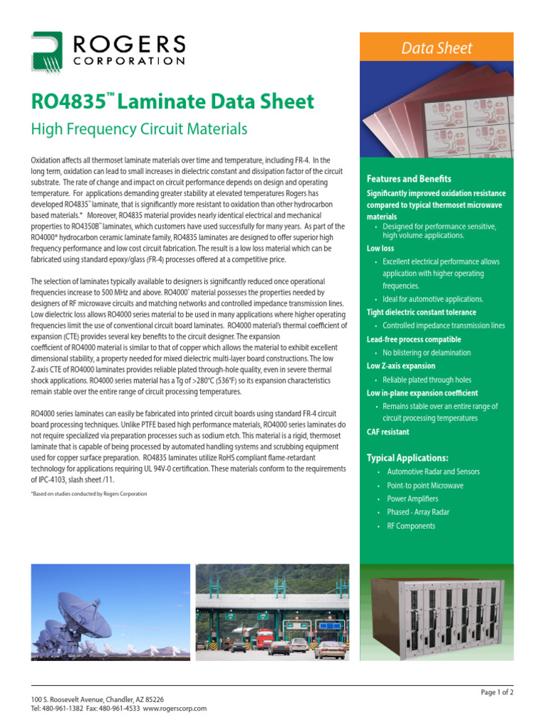 RO4835 Laminate Data Sheet | PDF | Printed Circuit Board | Lamination