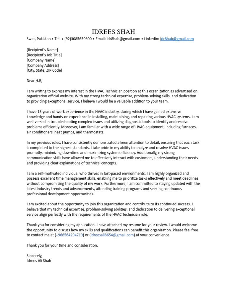 HVAC Technician Application Letter | PDF | Expert | Human Communication