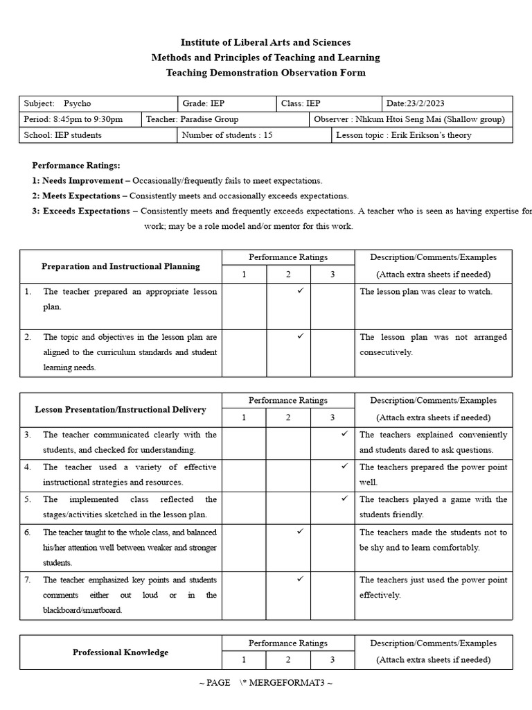Teaching Demonstration Observation - HSM | PDF | Teachers | Classroom