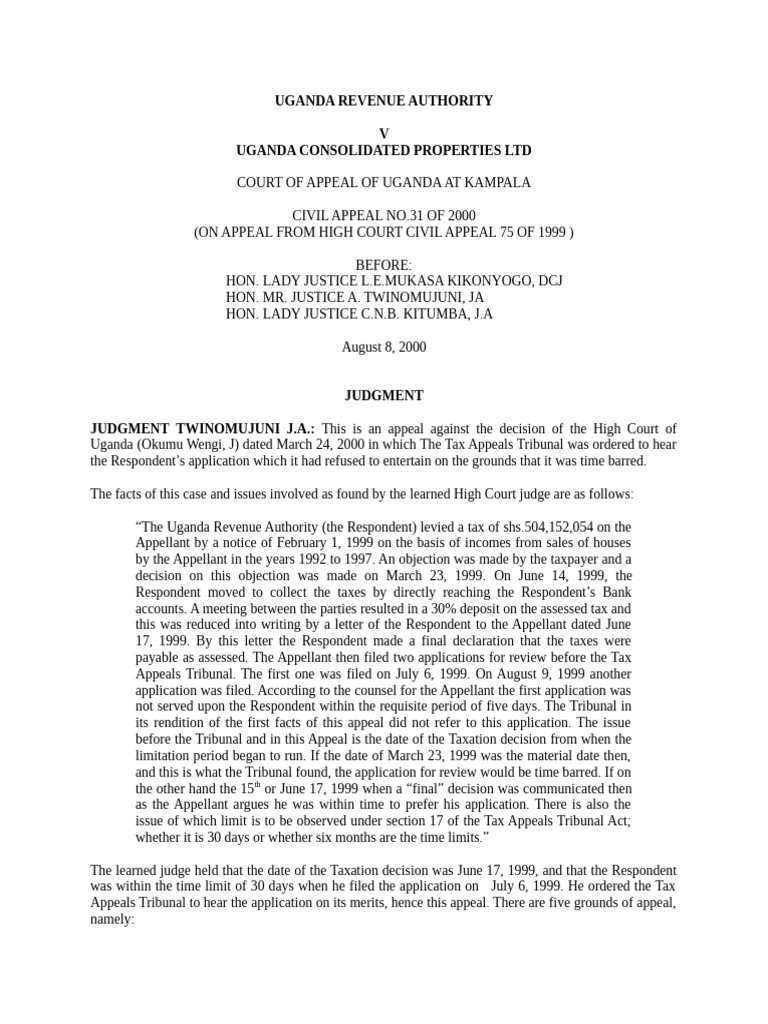 Uganda Revenue Authority V Uganda Consolidated Properties LTD (Civil Appeal No 31 of 2000) 2000 ...