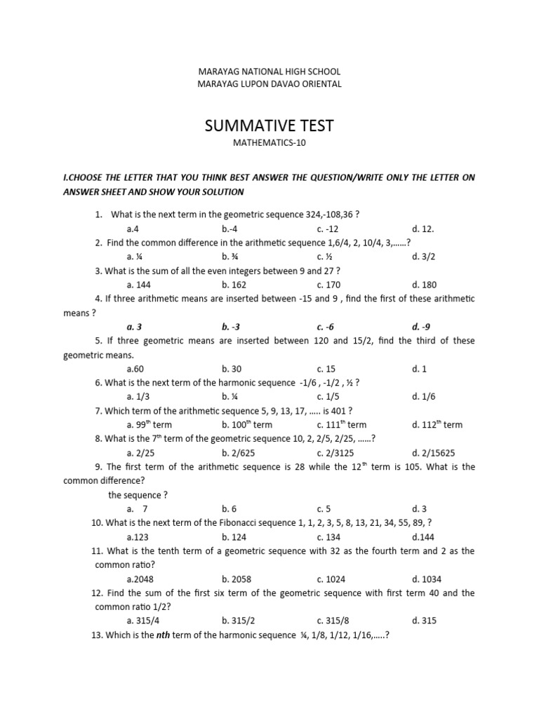 2020 Summative Test Math 10 | PDF | Mean | Analysis