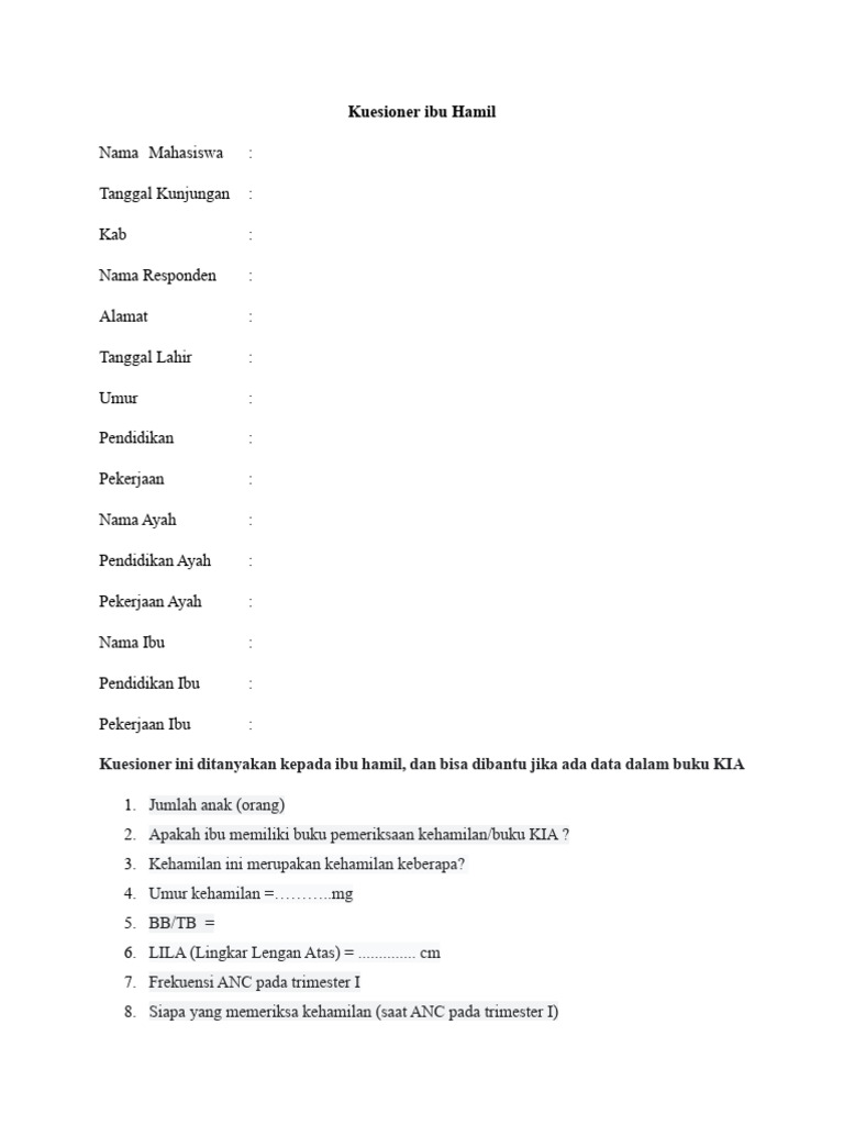 KUESIONER IBU HAMIL Baru | PDF
