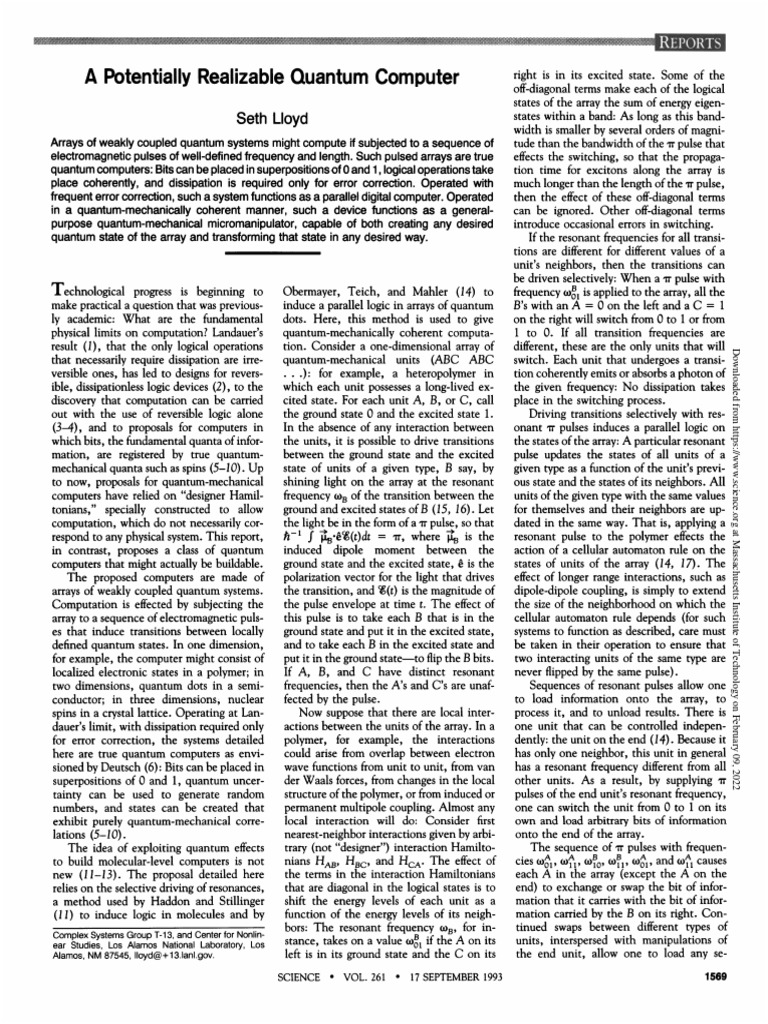 Lloyd 1993 | PDF | Quantum Mechanics | Central Processing Unit