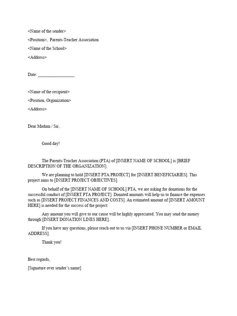 Solicitation Letter Sample Template For The PTA Project | PDF