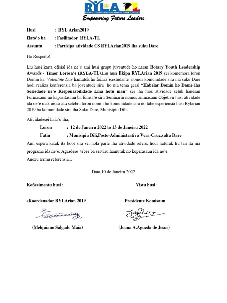 Karta Konvite Ba Fasilitador RYLA-TL | PDF