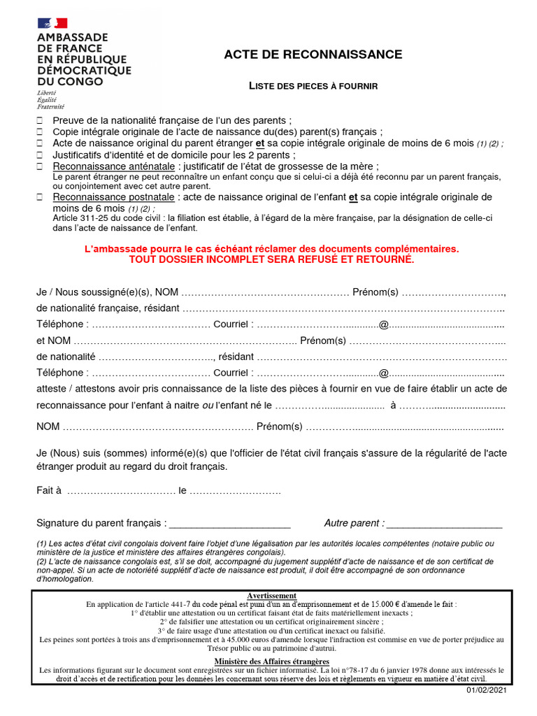 Modèle d'Acte de Reconnaissance | PDF | Certificat de naissance ...