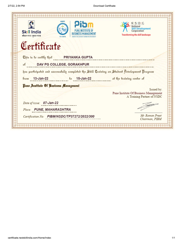 NSDC Skill Training Certificate for Students | PDF