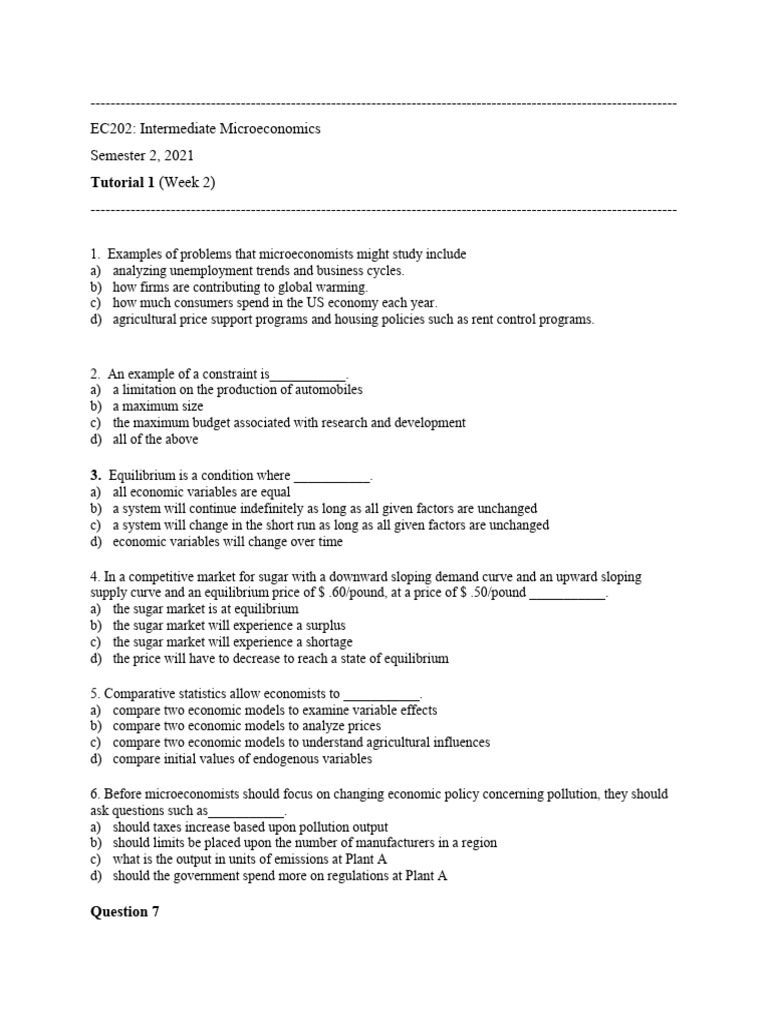 EC202 TUTORIAL 1 Question | PDF | Economic Equilibrium | Microeconomics