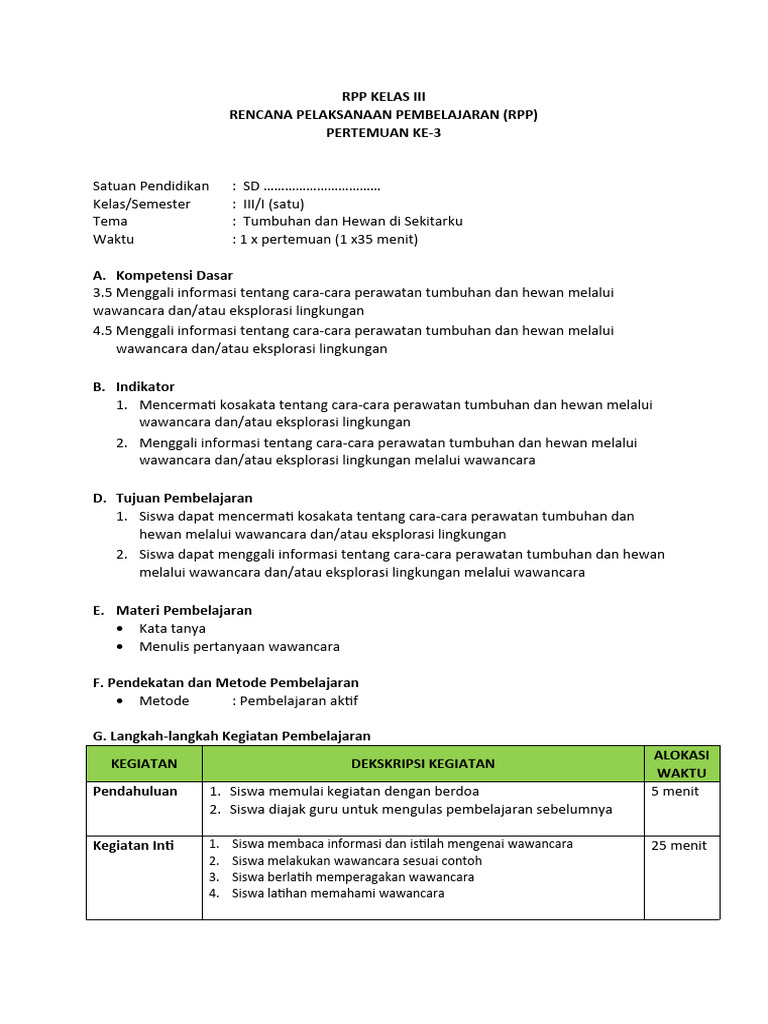 RPP Tema 2 - Pembelajaran 3 - ESPS Kelas 3 | PDF