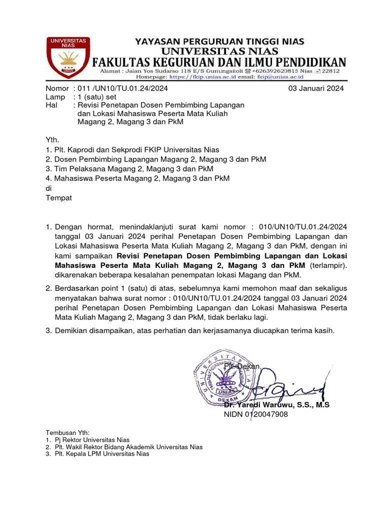 Revisi Surat Penetapan DPL Dan Lokasi Mhs Peserta Magang 2, 3 Dan PKM | PDF