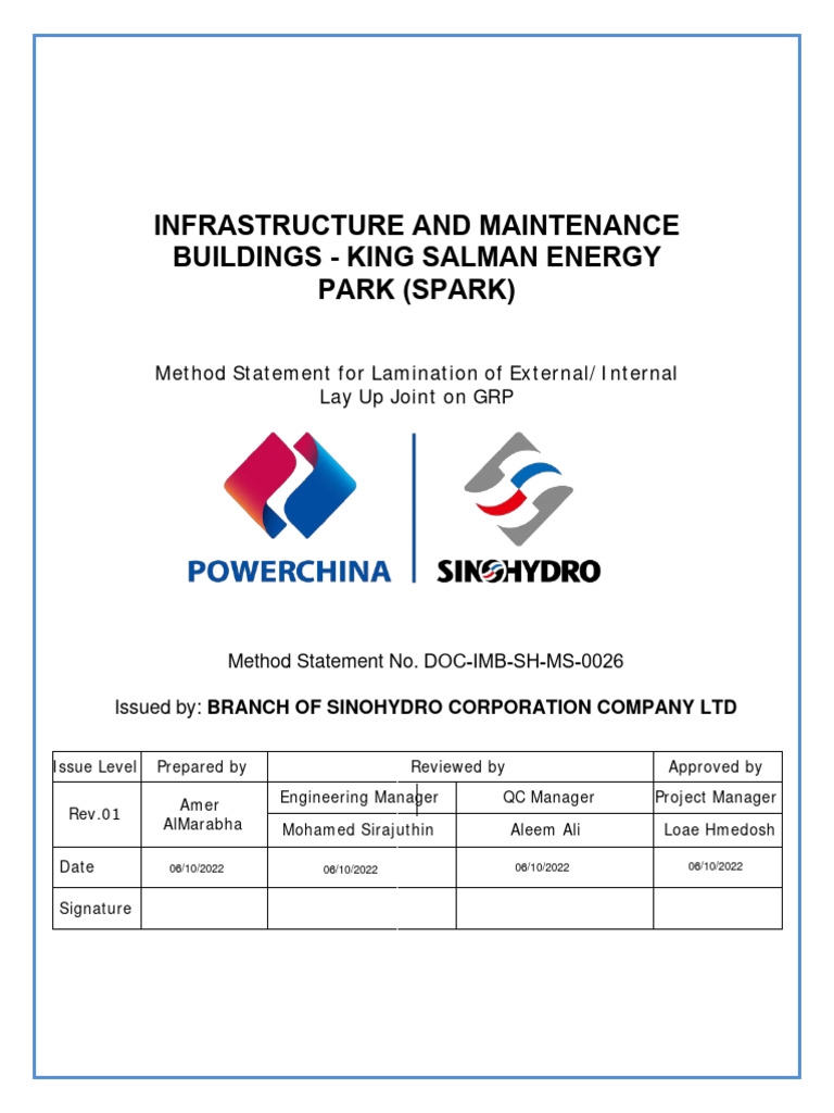 Method Statement For Lamination of External - Internal Lay Up Joint On GRP, UPVC, HDPE and ...