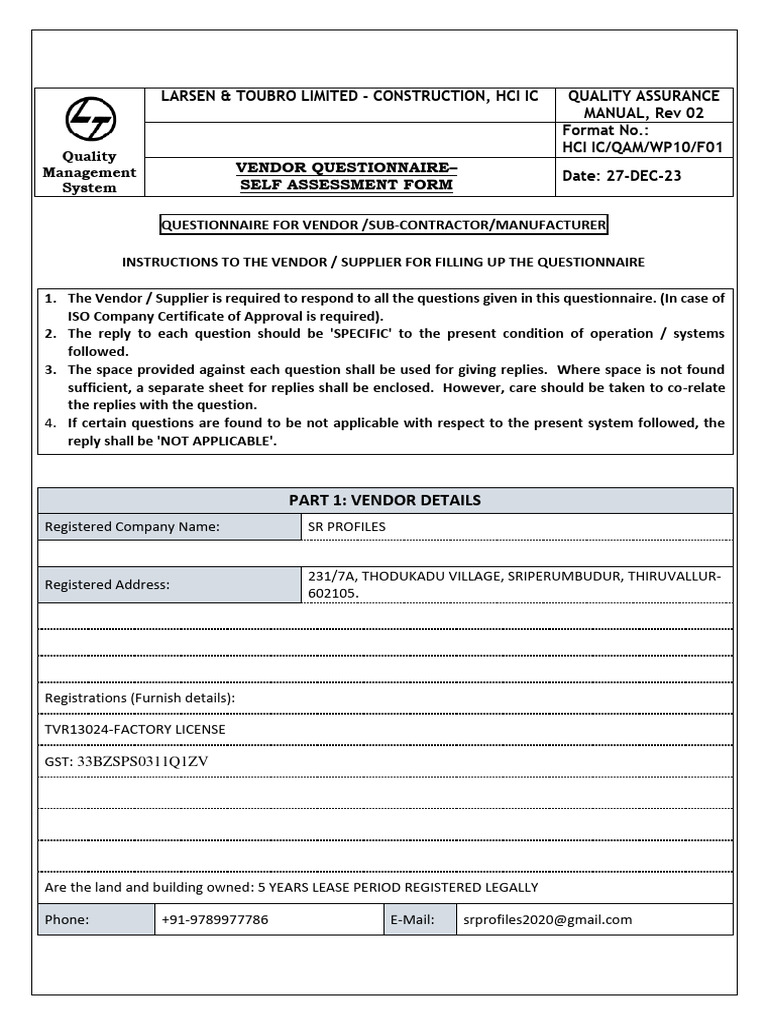 Vendor Self Evaluation Form | PDF | Iso 9000 | Quality Assurance