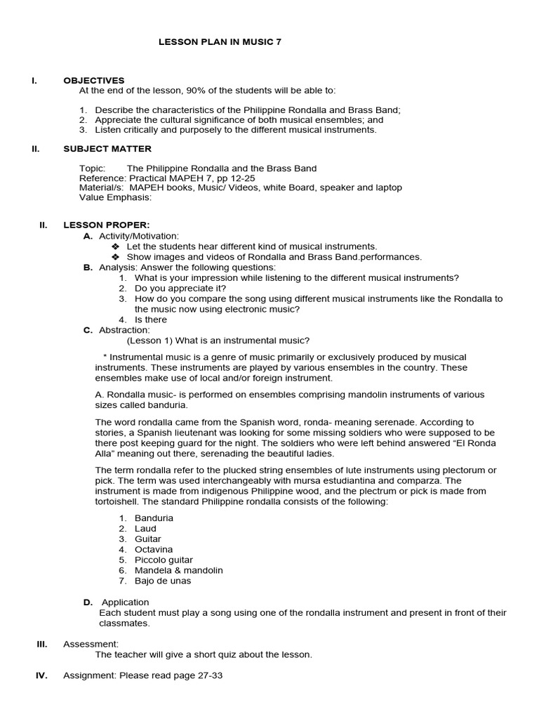 Lesson Plan in Music 7 | PDF | String Instruments | Musical Instruments