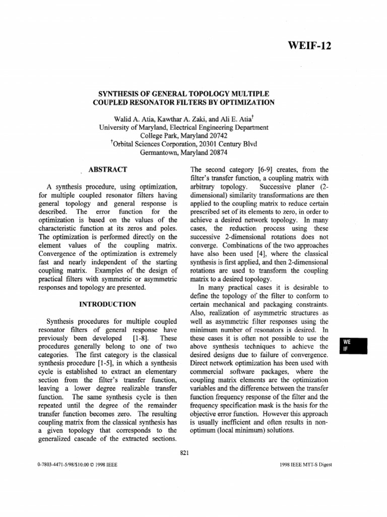 Synthesis of General Topology Multiple Coupled Resonator Filters | PDF | Mathematical ...