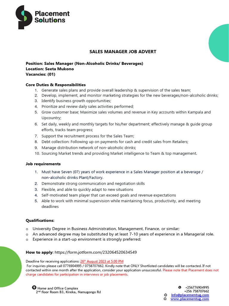 Sales Manager Job Advert - Placement Solutions | Download Free PDF ...