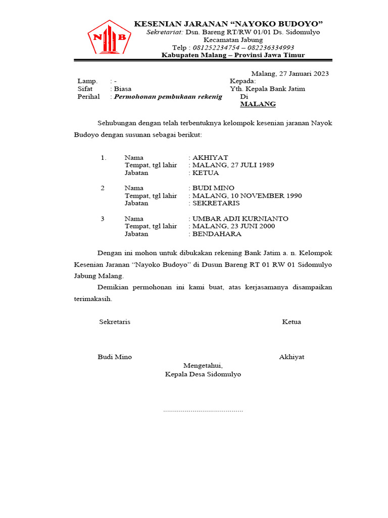 Surat Permohonan Pembukaan Rekening NB & BN | PDF