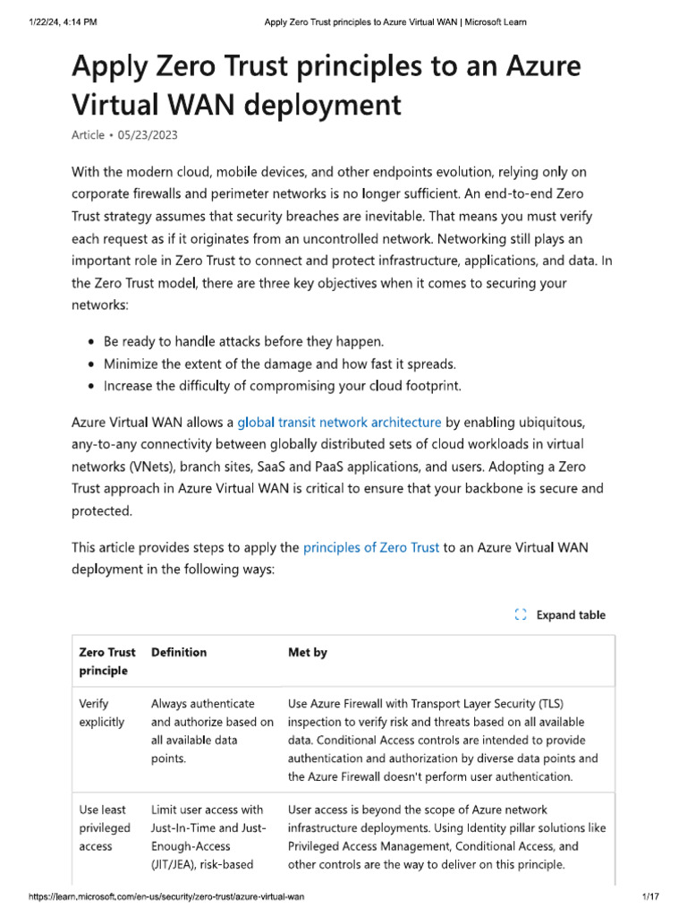 Zero Trust Principles To An Azure Virtual WAN | PDF
