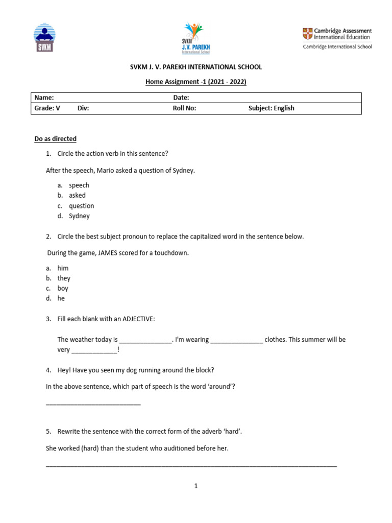 Grade 5 English Home Assignment - 1 | PDF | Verb | Part Of Speech