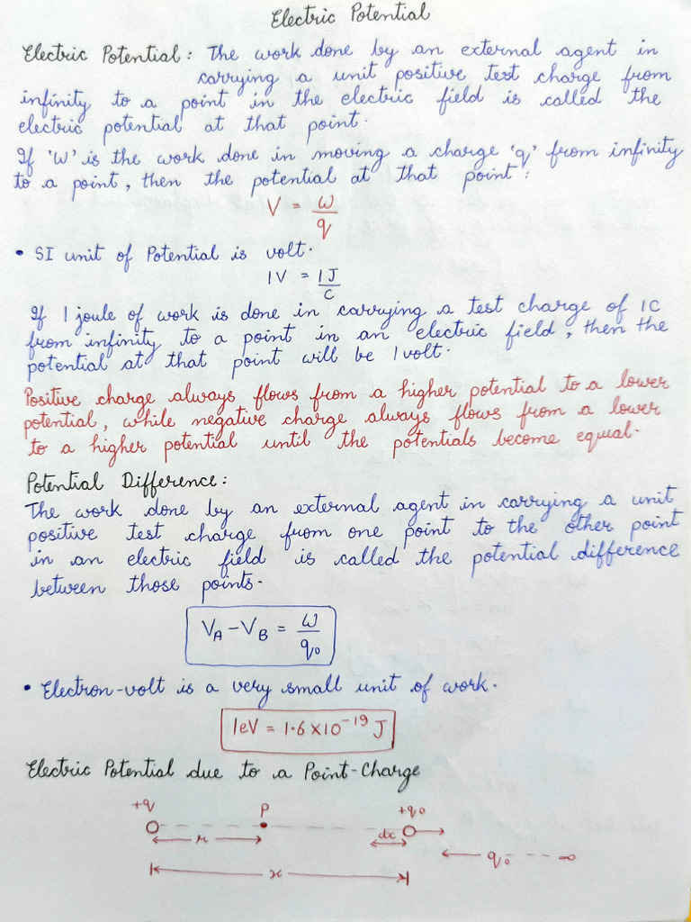 Class 12 Physics Notes Electric Potential Part 1 | PDF