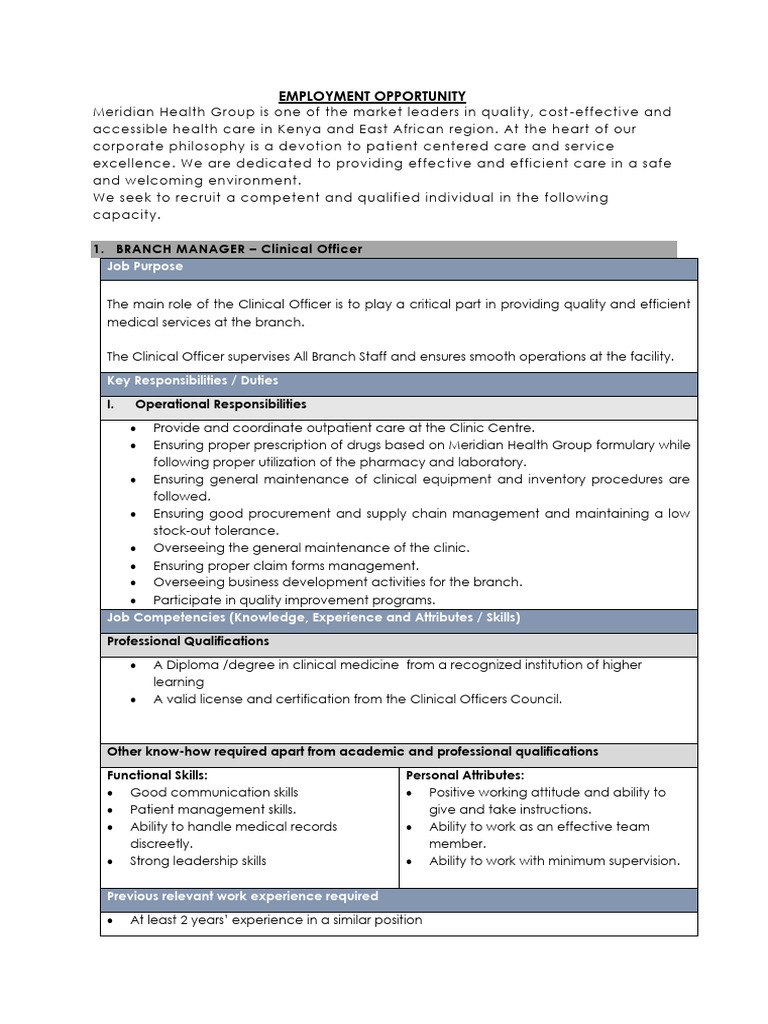 Branch Manager - Clinical Officer Advert | PDF | Professional ...