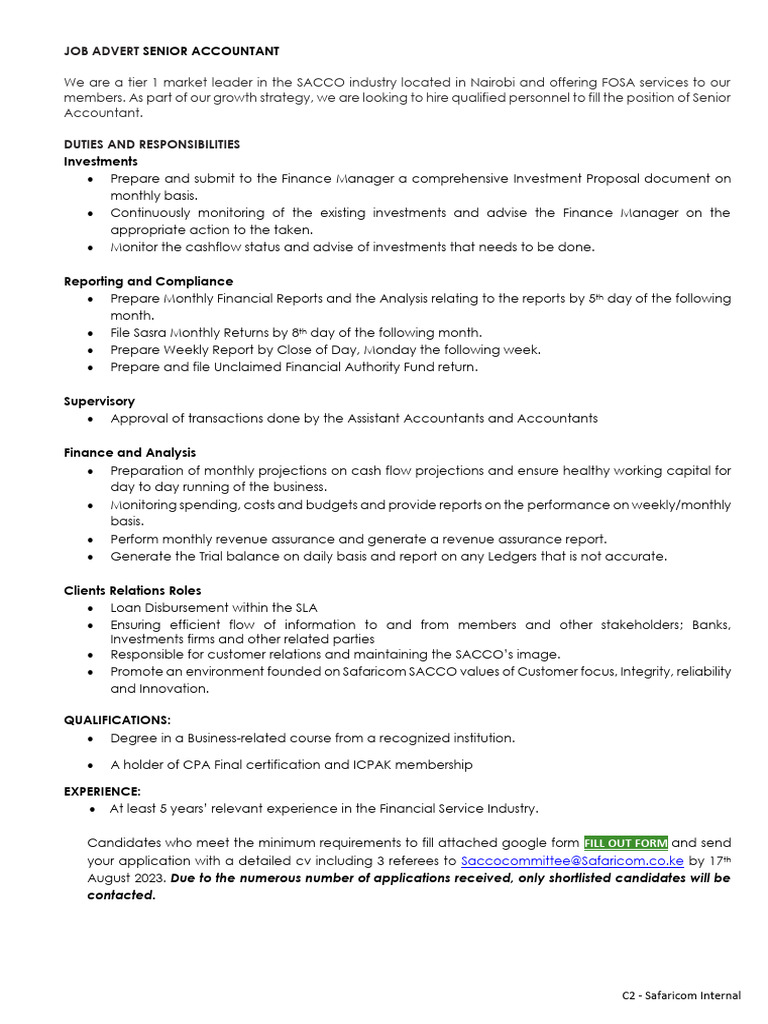 Senior Accountant Job Opening at Safaricom | PDF | Accountant | Investing