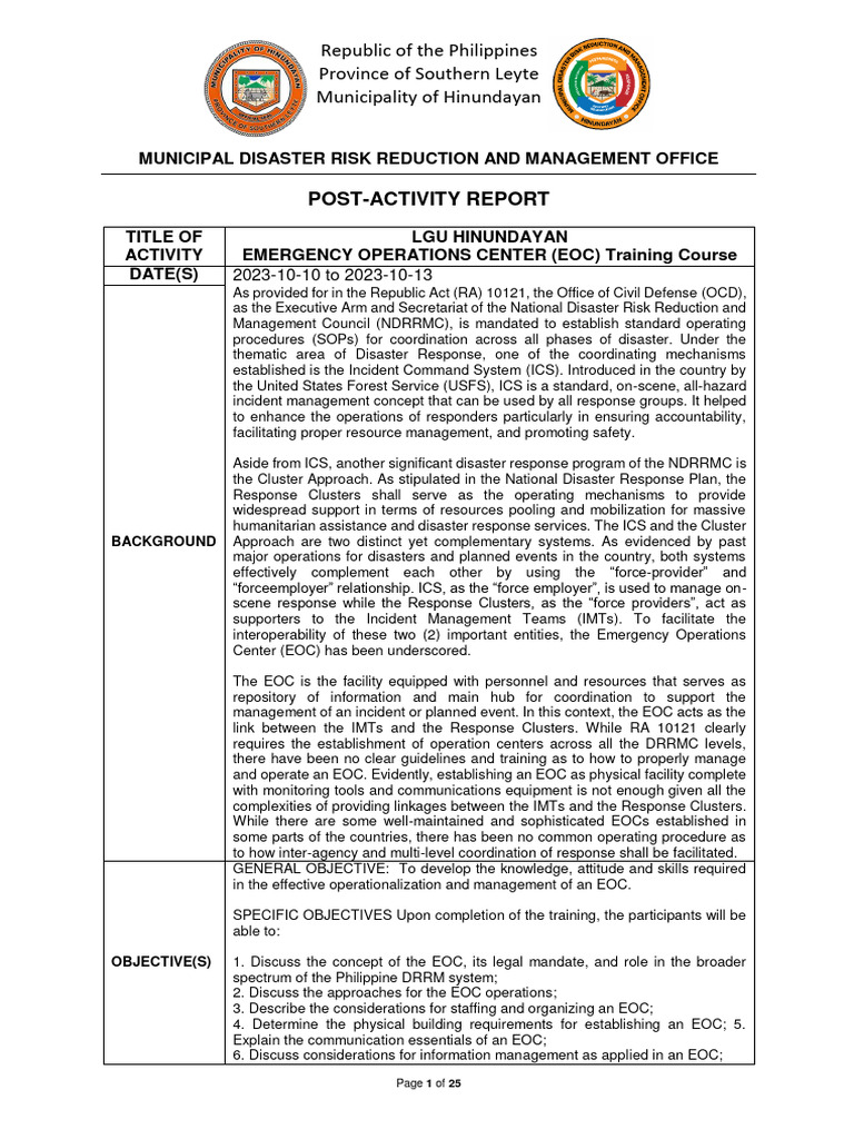 Post-Activity Report Eoc Training | PDF | Emergency Management ...