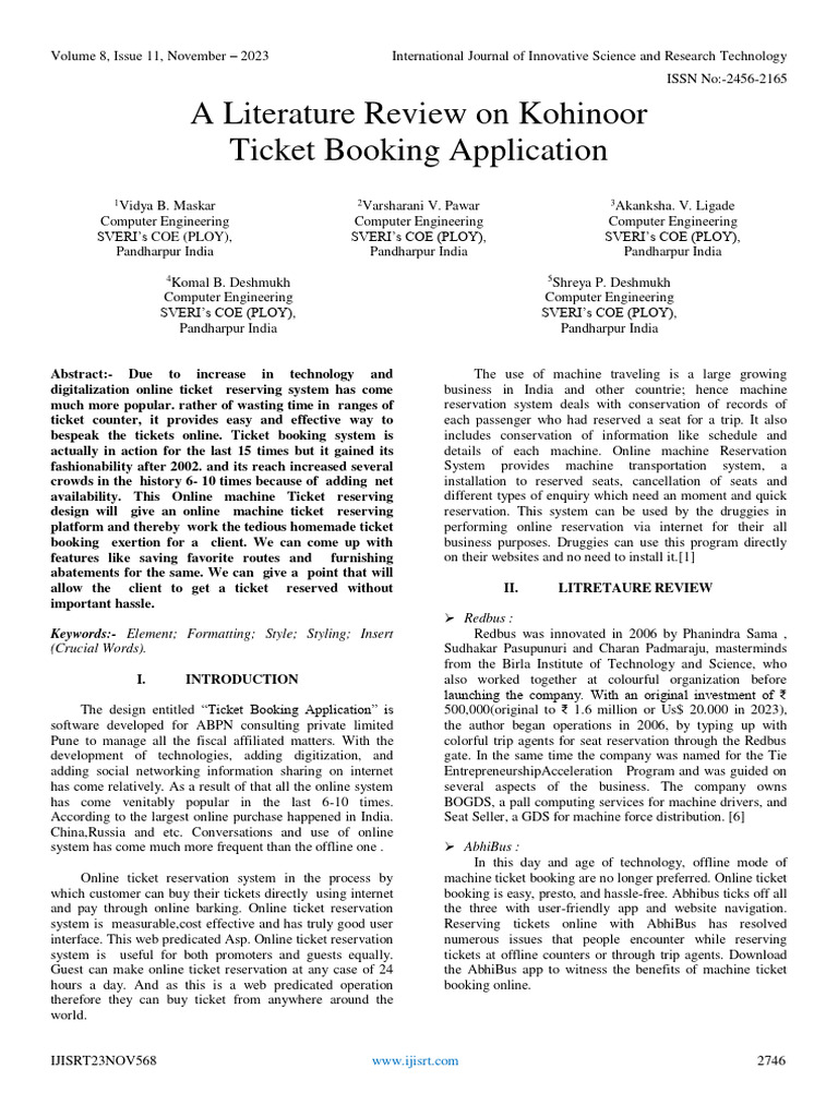 A Literature Review On Kohinoor Ticket Booking Application | PDF | Computing