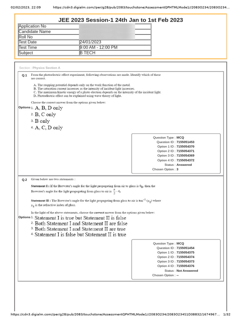 JEE 2023 Physics Assessment Results | PDF | Multiple Choice ...