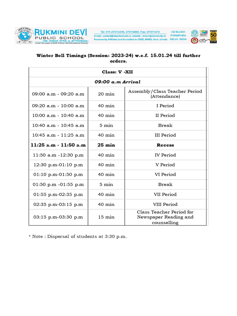 Winter Bell Timings | PDF