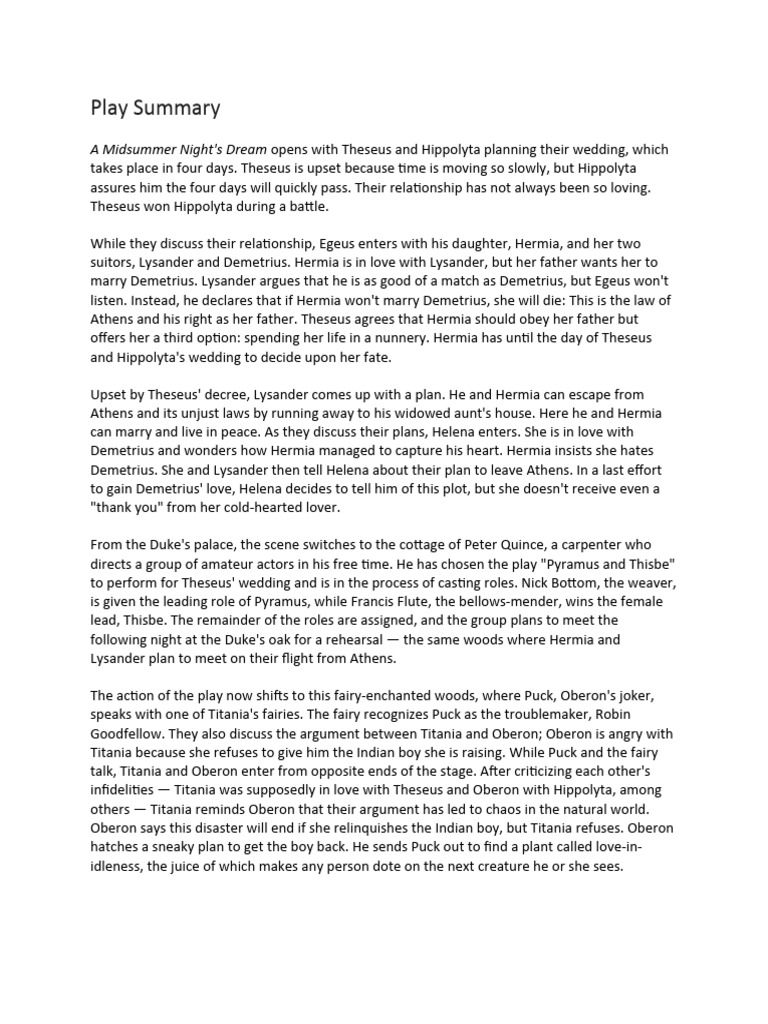 A Midsummer Night's Dream Summary | PDF | A Midsummer Night's Dream ...