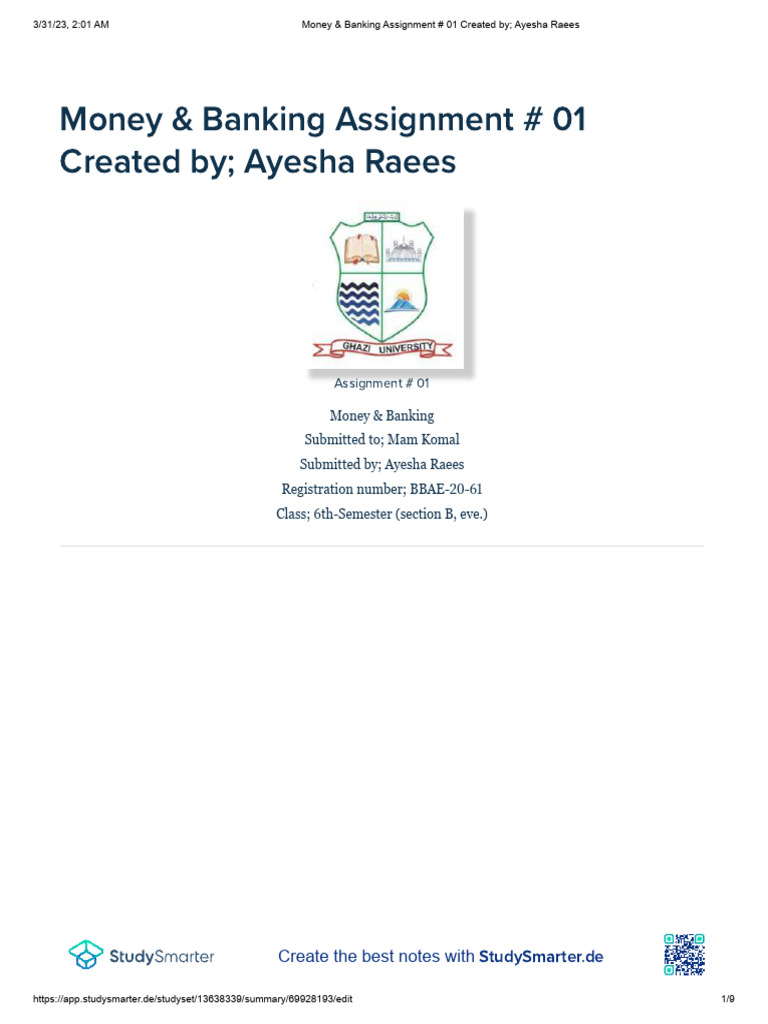 Money & Banking Assignment # 01 Created by Ayesha Raees | PDF ...