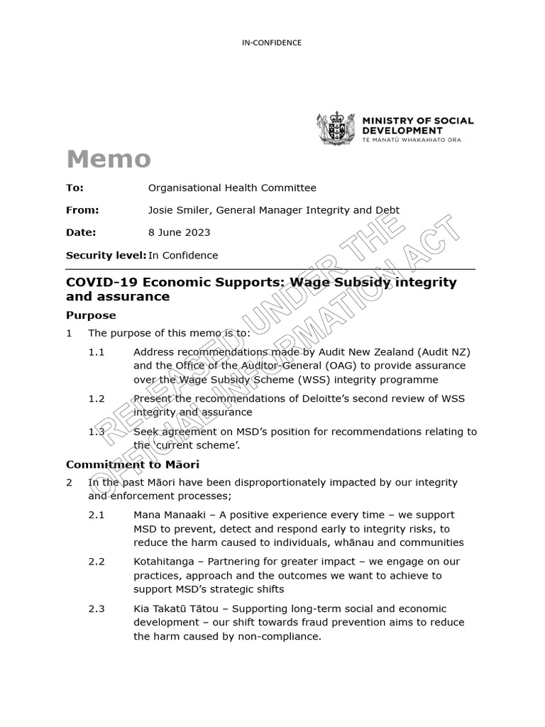 OHC Memo - WSS Integrity and Assurance | PDF | Audit | Risk