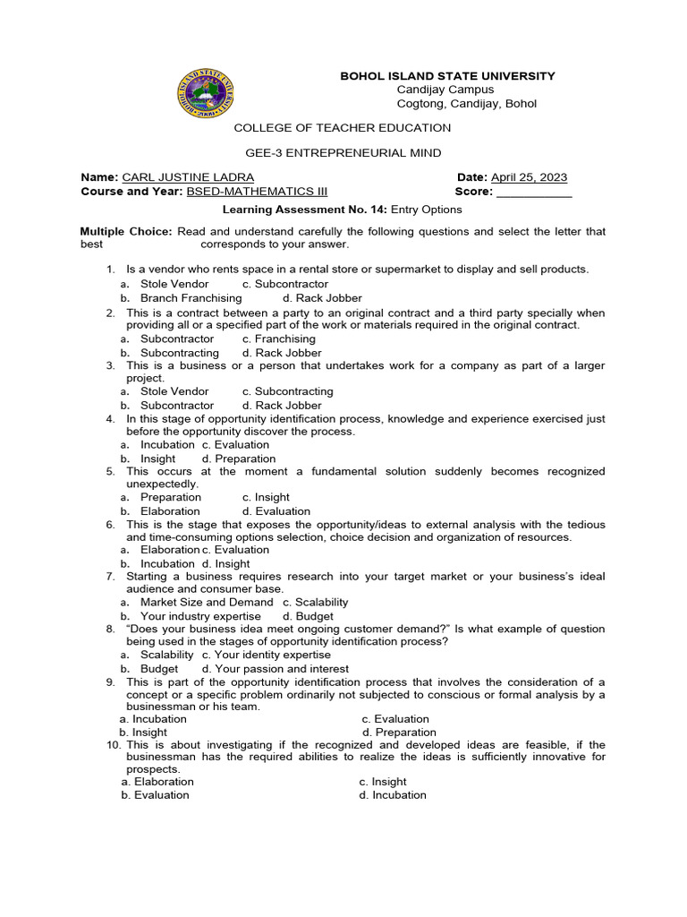 Learning Assessment Number 14 - Entry Options (Continuation) | PDF