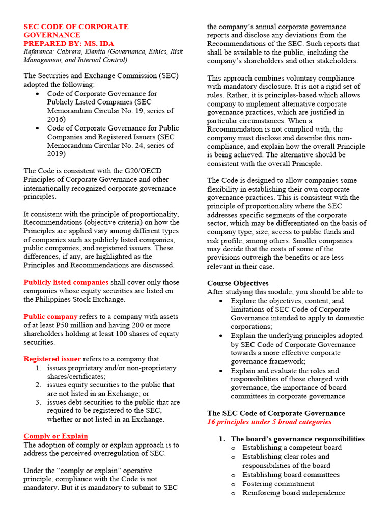 Sec Code of Corporate Governance | PDF | Board Of Directors | Corporate ...