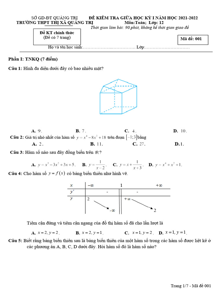 De Giua Hoc Ki 1 Toan 12 Nam 2021 2022 Truong THPT Thi Xa Quang Tri | PDF