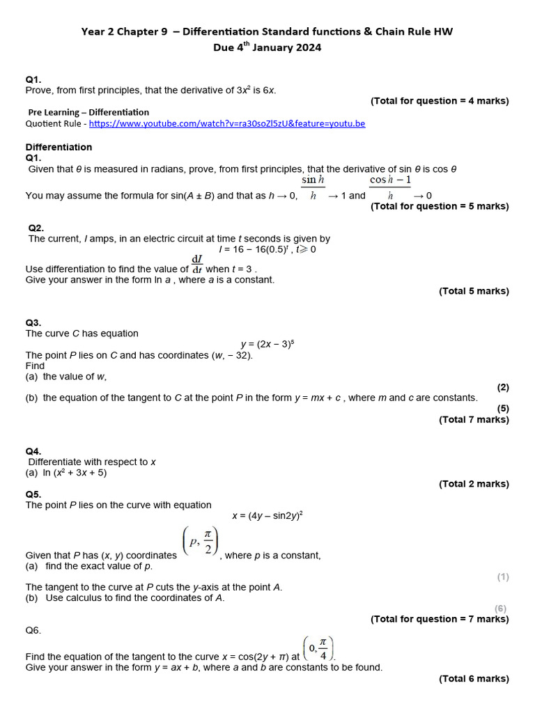 Differentiation HW Standard Functions - Chain Rule | PDF | Derivative ...