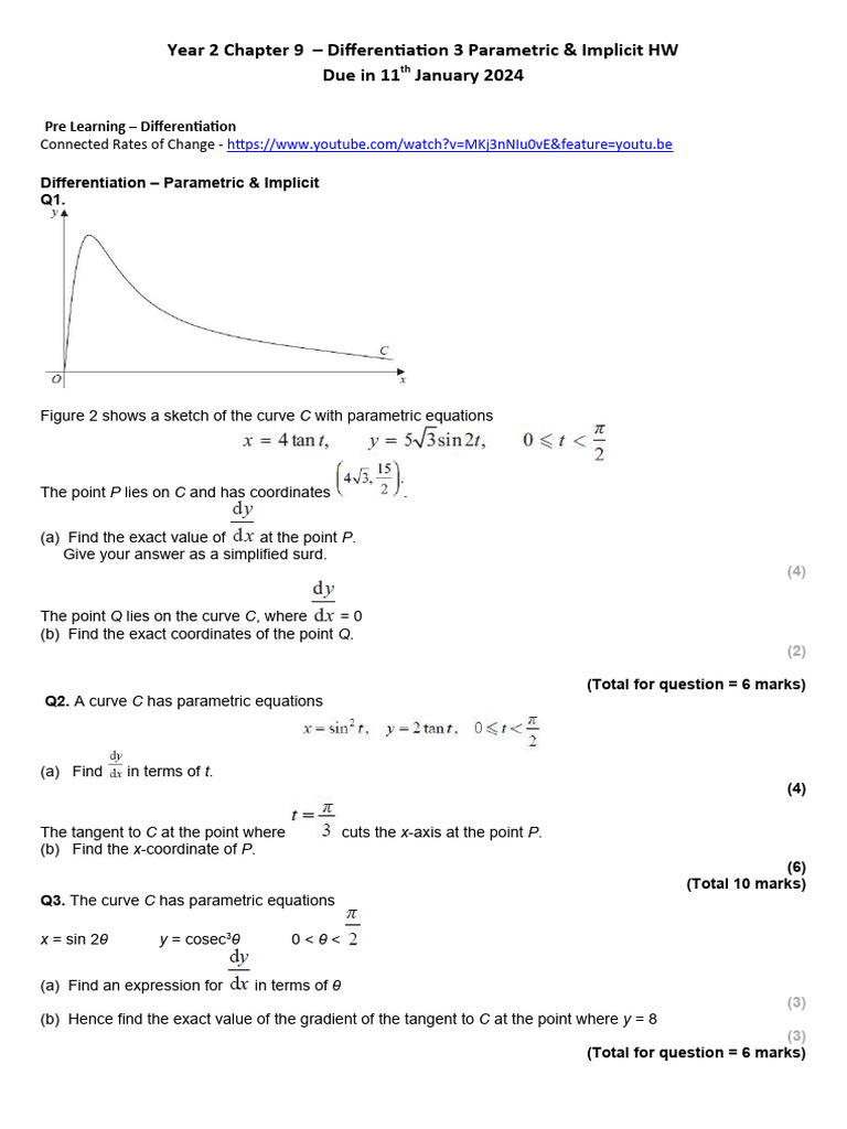 Differentiation HW 3 Parametric - Implicit | PDF | Curve | Equations