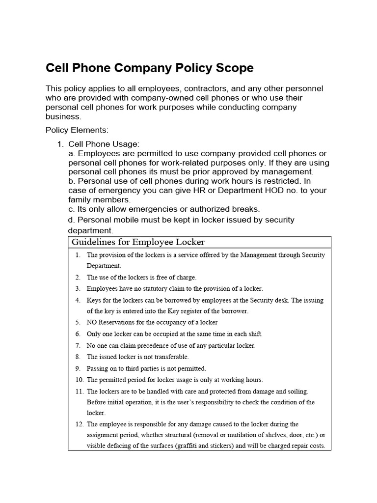 Employee Cell Phone Usage Policy | PDF | Mobile Phones | Information ...