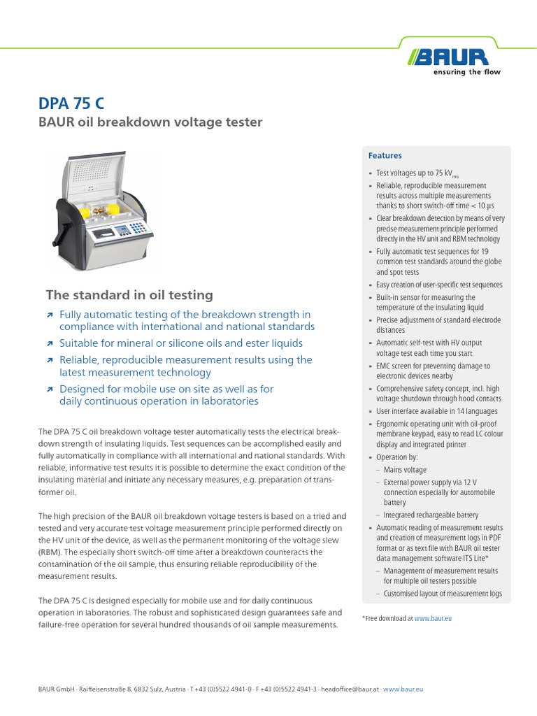 DS - Oil Breakdown Voltage Tester - DPA 75 C - BAUR - En-Gb | PDF ...