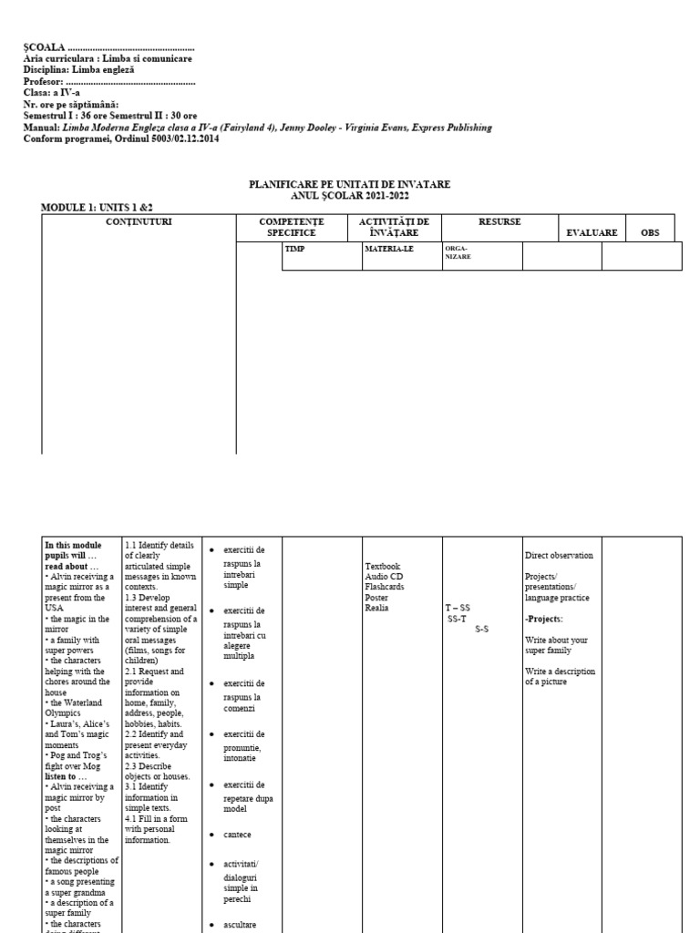 Planificari Unitati de Invatare Fairyland 4 | PDF | Linguistics | Grammar