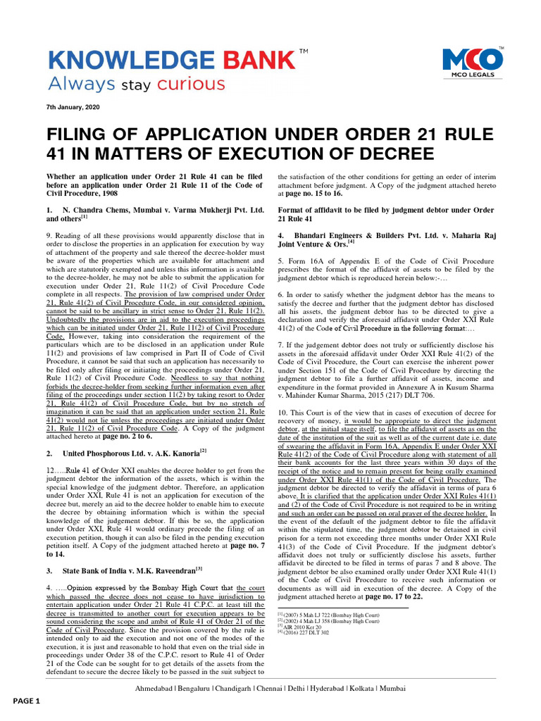 Application Under Order 21 Rule 41 In Matters Of Execution Of Decree Download Free Pdf