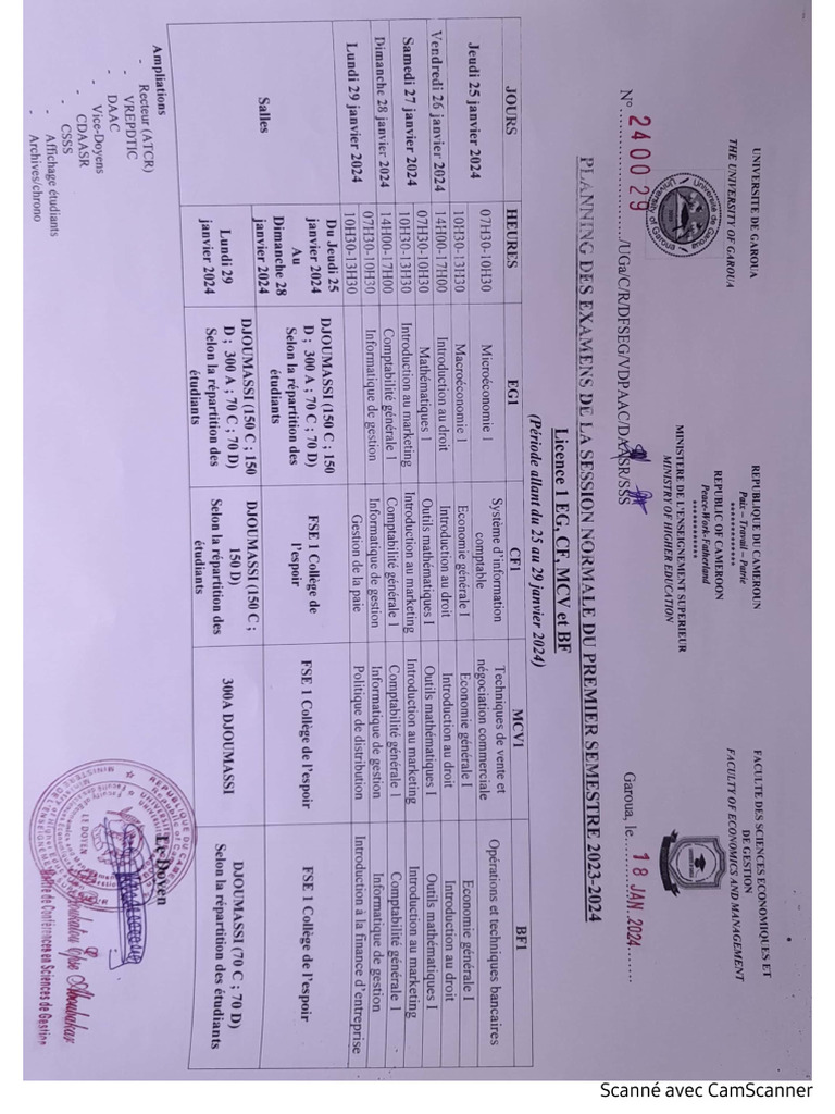 Planning Examens Session Normale 1er Semestre EG1 CF1 MCV1 BF1 | PDF