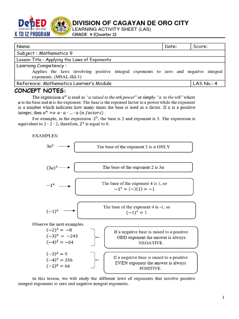 Las Math 9 q2 Las 4 To 6 | PDF | Exponentiation | Mathematics
