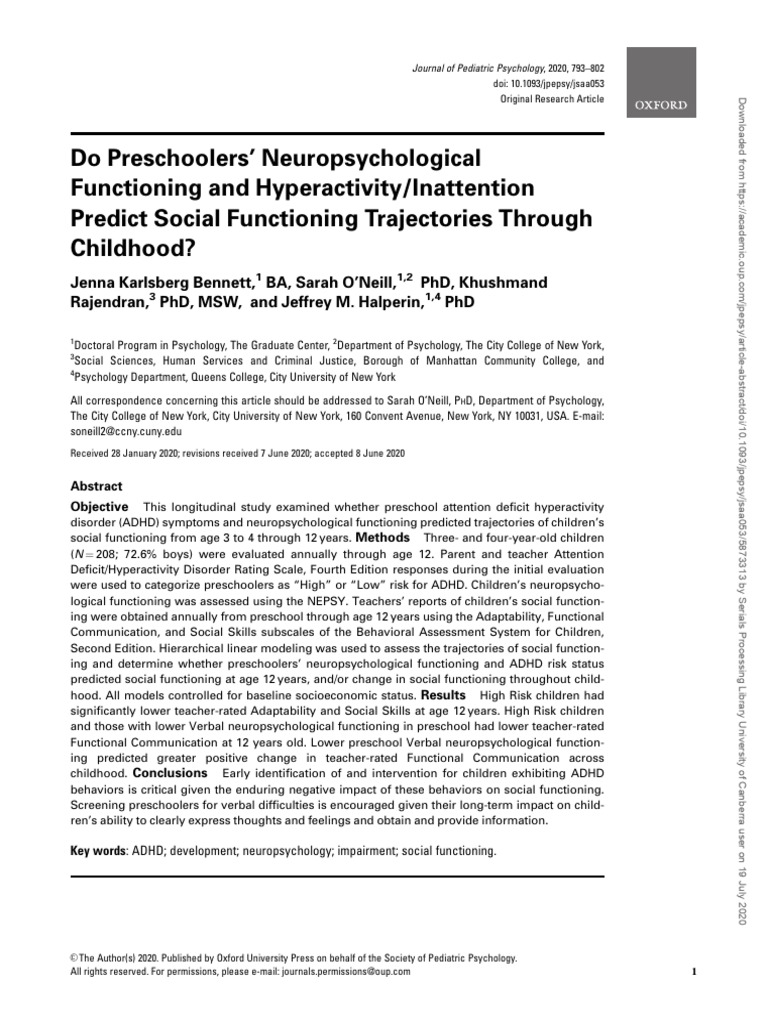 Do Preschoolers' Neuropsychological Functioning and Hyperactivity/Inattention Predict Social ...
